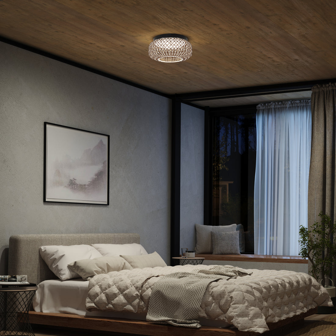 Benson 15 in. LED flush mount light 5 CCT black and rattan | Artika Canada