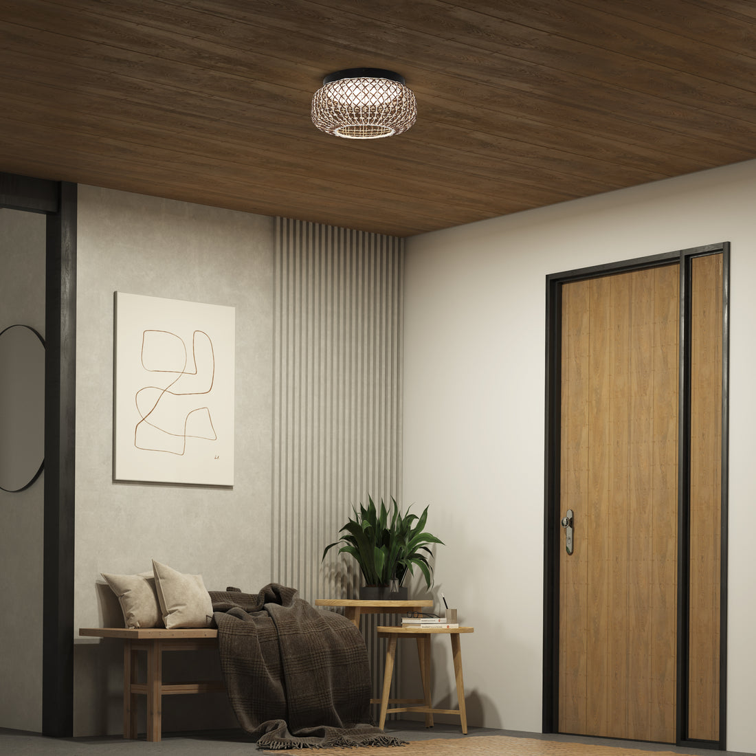 Benson 15 in. LED flush mount light 5 CCT black and rattan | Artika Canada