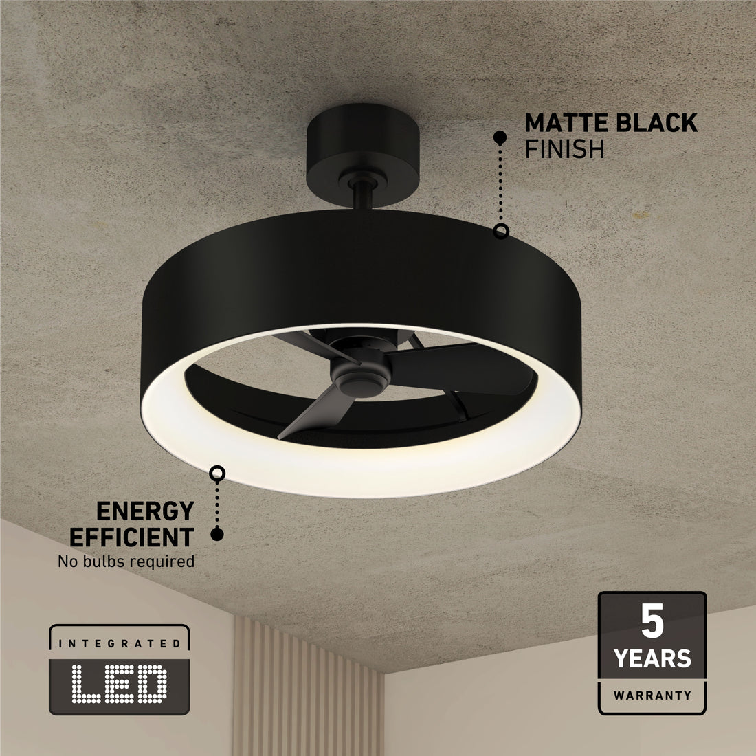 Aiden 24 in. LED ceiling fan 3 speeds - in Matte Black | Artika Canada