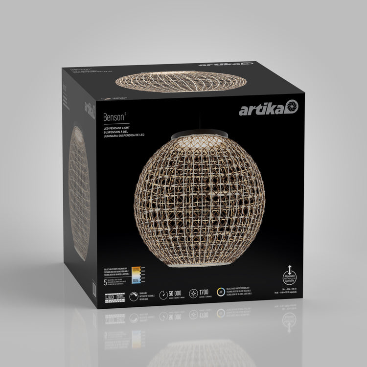 Benson LED pendant light 5 CCT black and rattan | Artika Canada